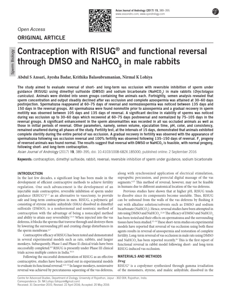 Contraception With RISUG and Functional Reversal | PDF | Self ...