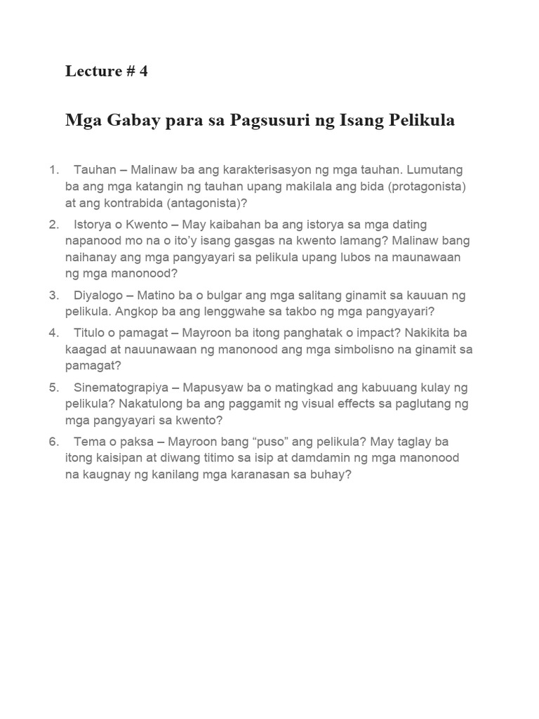 LECTURE 4 Mga Gabay Sa Pagsusuri NG Isang Pelikula | PDF