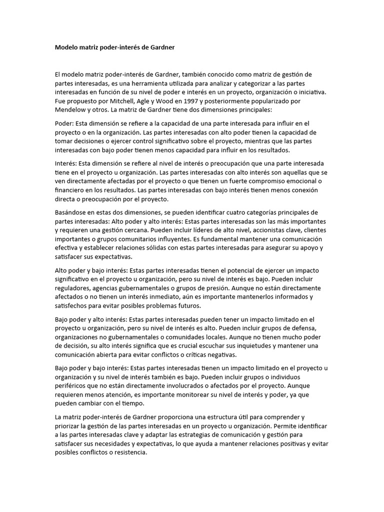 Matriz Poder-Interés de Gardner | PDF | Ciencias del comportamiento