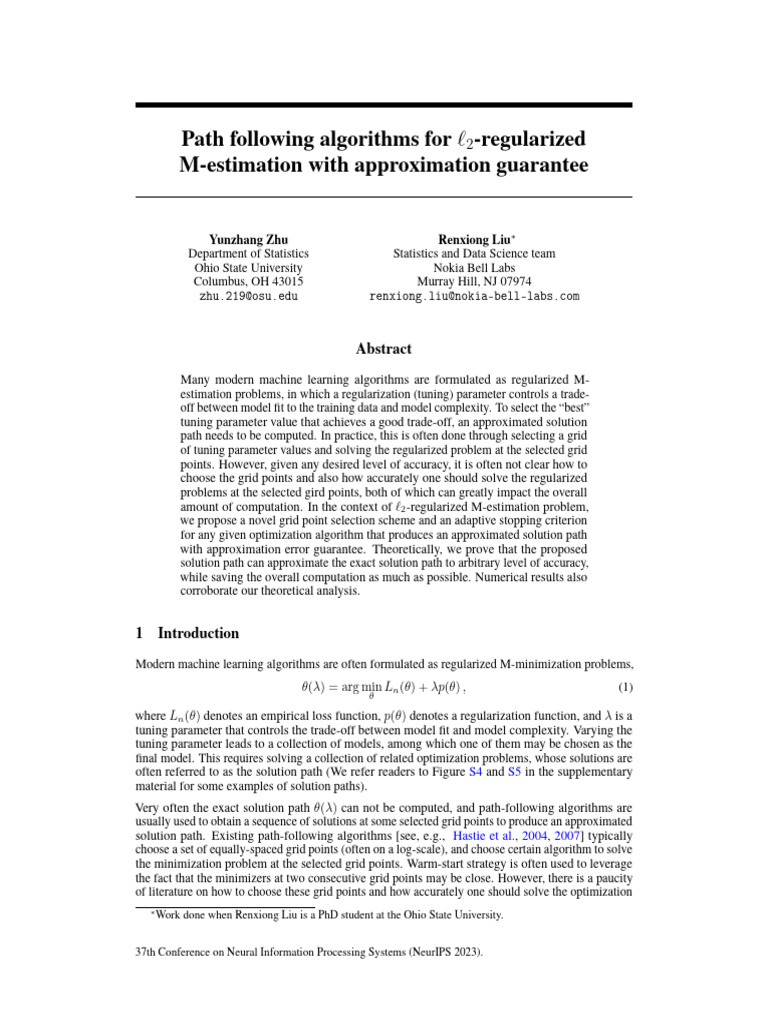 NeurIPS 2023 Path Following Algorithms For Ell - 2 Regularized M Estimation With Approximation ...