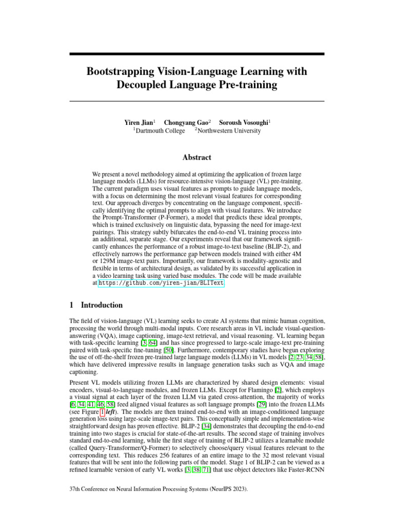 NeurIPS 2023 Bootstrapping Vision Language Learning With Decoupled Language Pre Training Paper ...