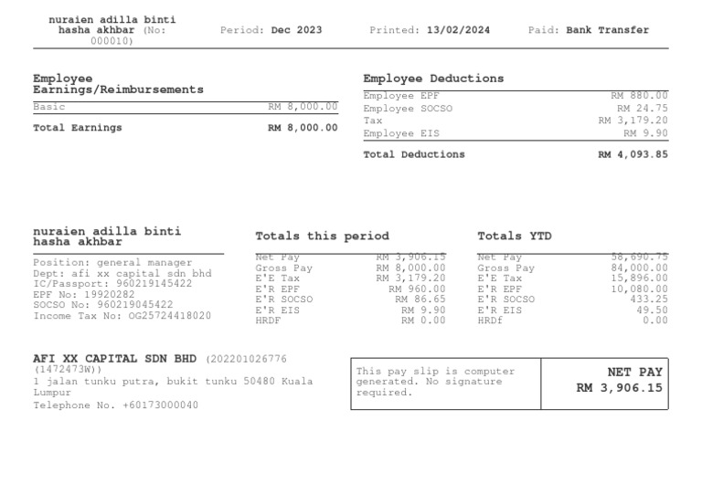 Nuraien Adilla Binti Hasha Akhbar Payslip December 2023-2 | PDF