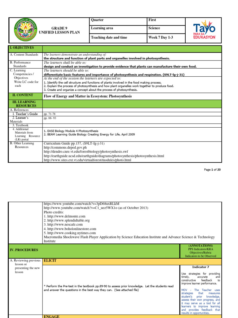 Grade 9 Science Photosynthesis Lesson Plan | PDF