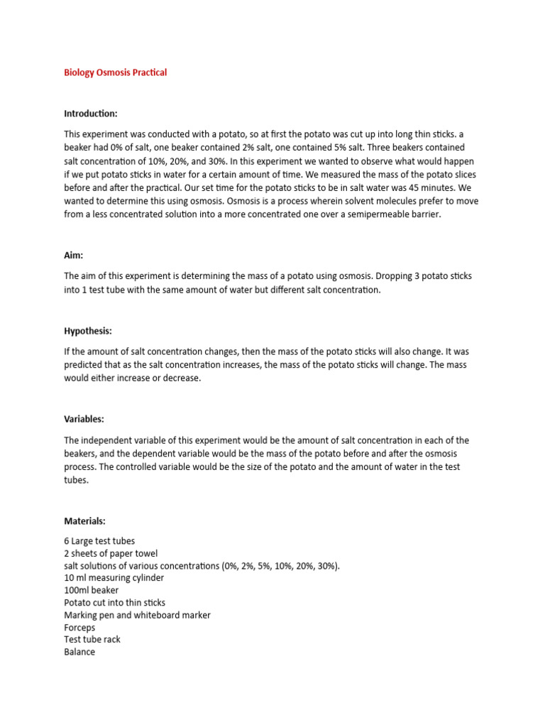 Osmosis Experiment with Potato Sticks | PDF | Osmosis | Experiment