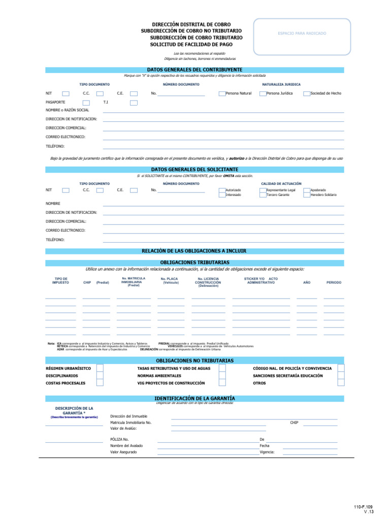 110-F.109 - 13 Solicitud Facilidad de Pago | PDF | Póliza de seguros ...