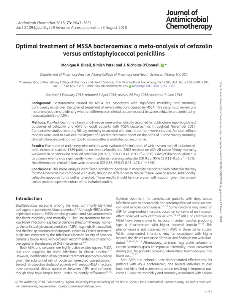 Optimal Treatment of MSSA Bacteraemias - A Meta-Analysis of Cefazolin ...