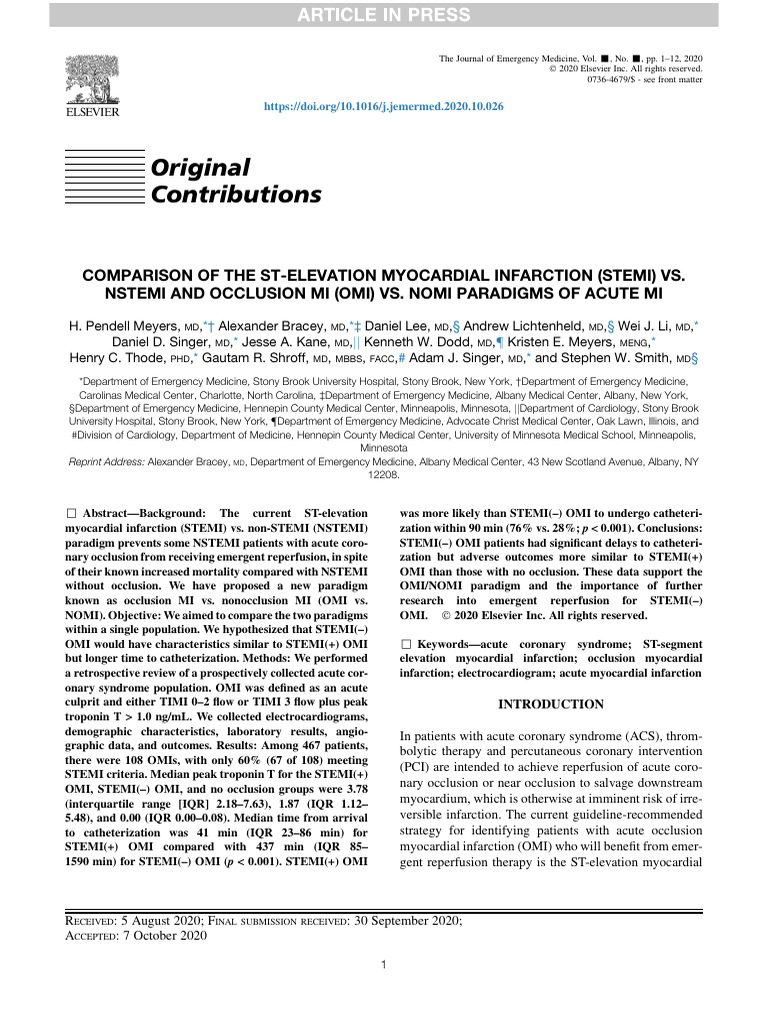 Comparison of The STEMI Vs NSTEMI and Occulusion MI Vs Nomi Paradigms ...