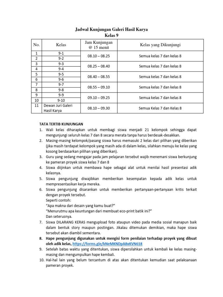 Jadwal Kunjungan Galeri Kelas 9 | PDF