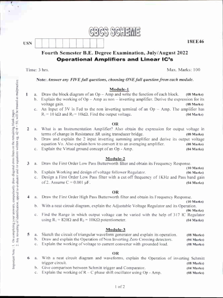VTU Exam Question Paper With Solution of 18EE46 Operational Amplifiers ...