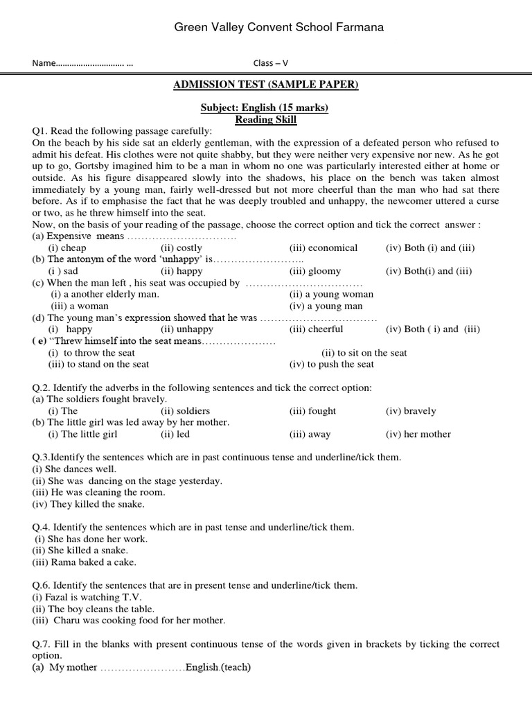 Class 6 Scholarship Exam Sample Paper | PDF