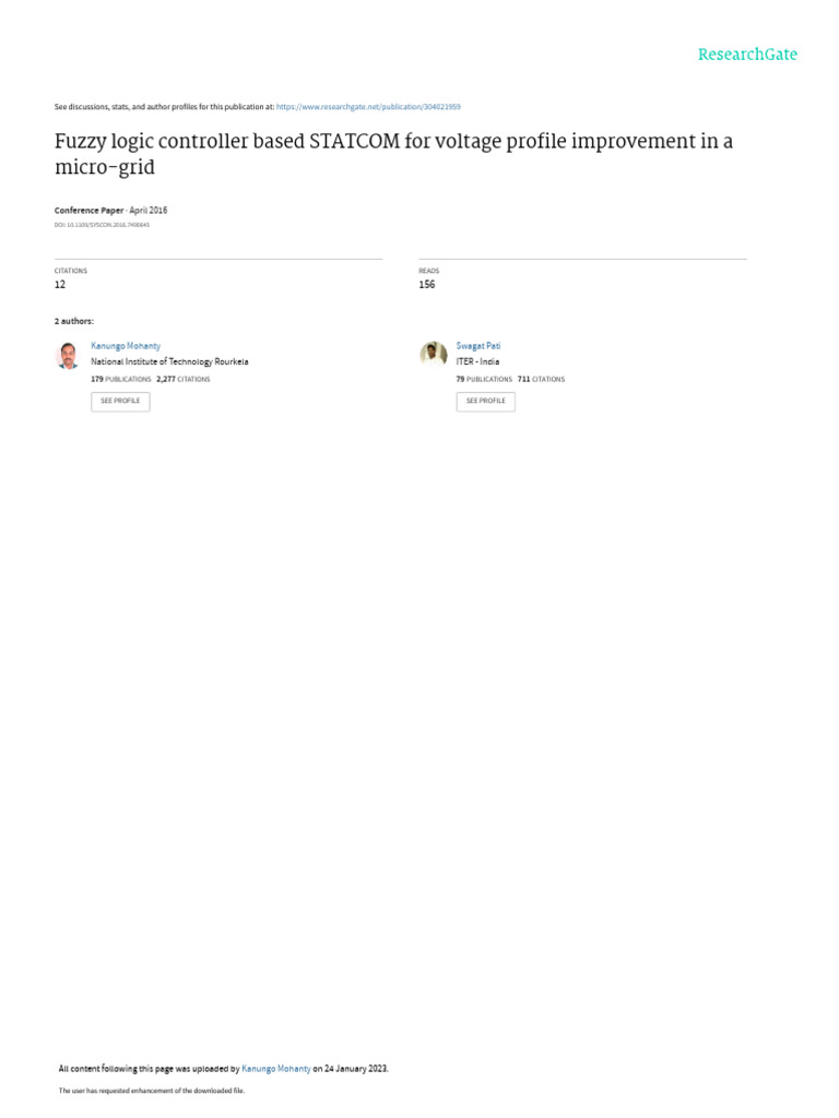Fuzzy Logic Controller Based STATCOM For Voltage Profile Improvement in A Micro-Grid | PDF ...