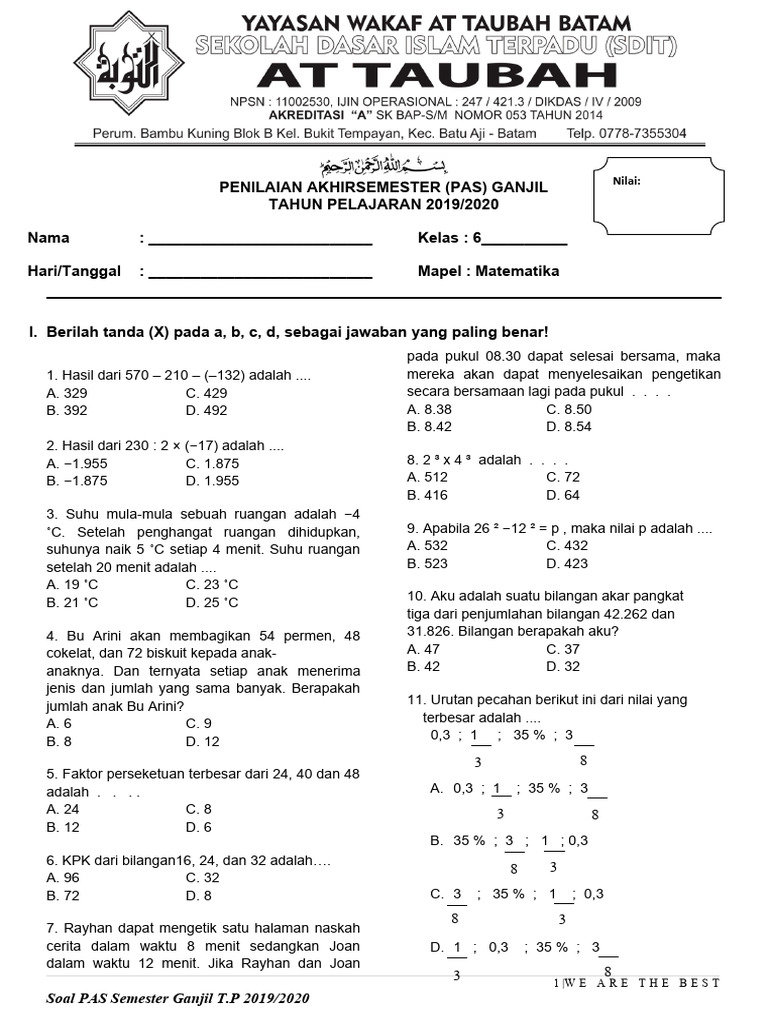 PTS MTK Kelas 6 | PDF