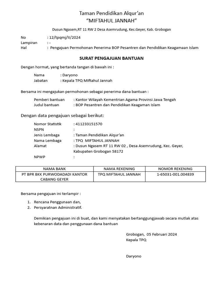 Permohonan BOP Pesantren TPQ Miftahul Jannah | PDF | Ilmu Sosial