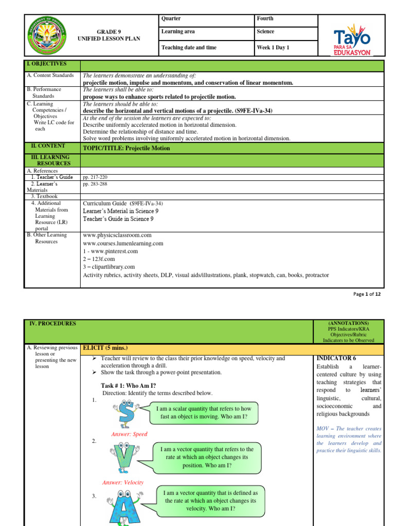 Grade 9 Science: Projectile Motion Plan | PDF | Learning | Velocity