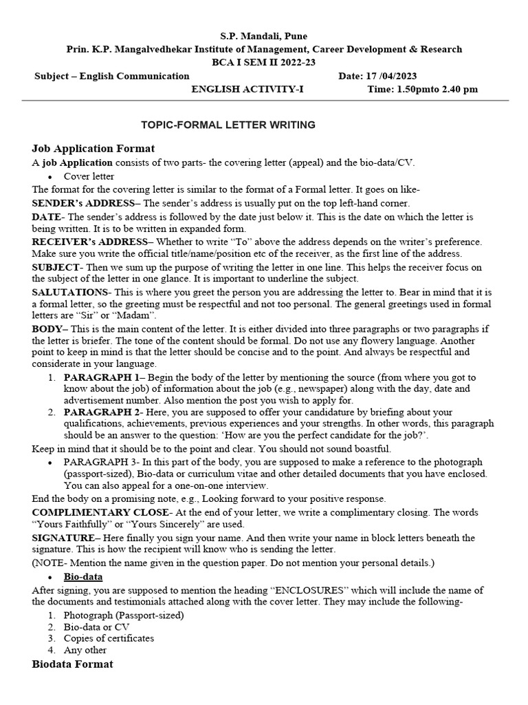 BCA I Yr Sem II English Activity-Formal Letter Writing New | PDF | Résumé
