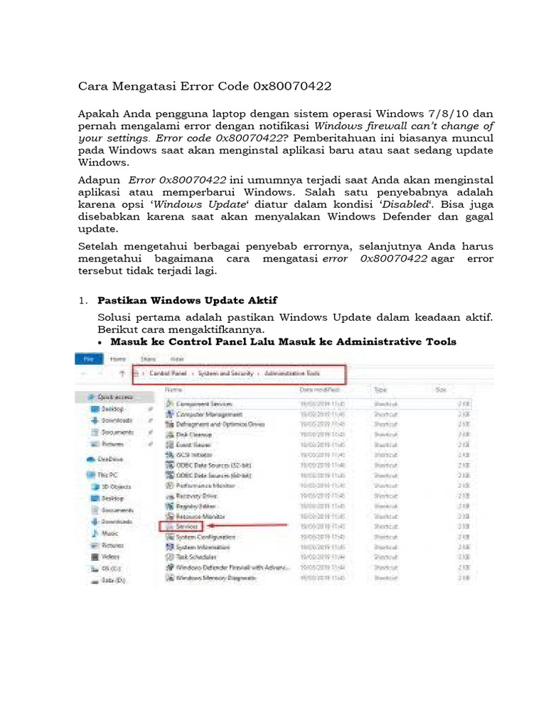 Cara Mengatasi Error Code 0x80070422 | PDF