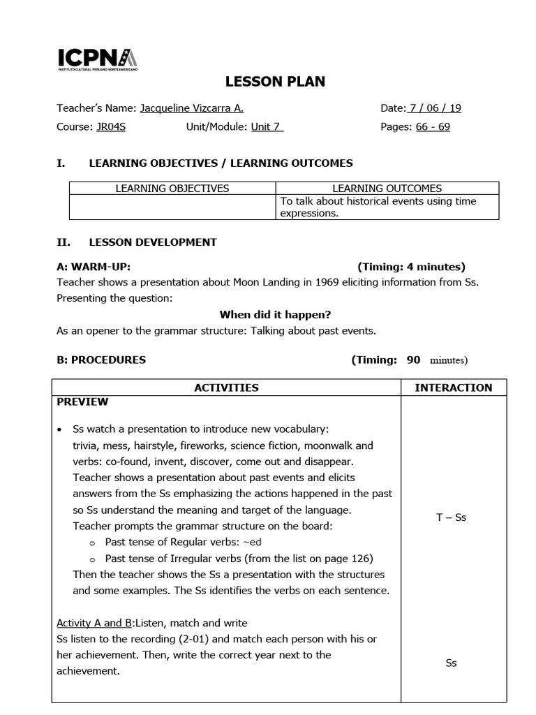 Teaching Past Events Lesson Plan | PDF | Grammatical Tense | Verb