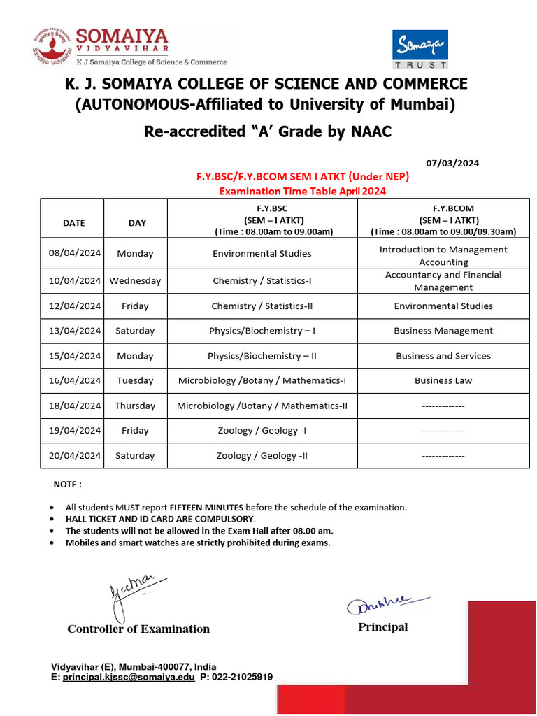 F.Y.BSC/F.Y.BCOM ATKT Exam Schedule | PDF | Technology & Engineering