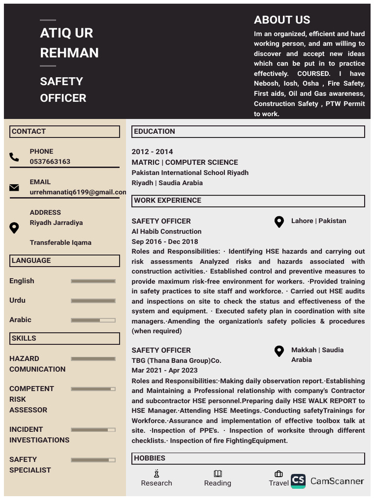 Safety Officer Profile: ATIQ UR REHMAN | PDF | Occupational Safety And ...