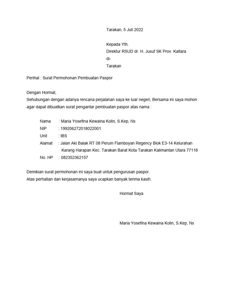 Surat Pengantar Pembuatan Paspor | PDF