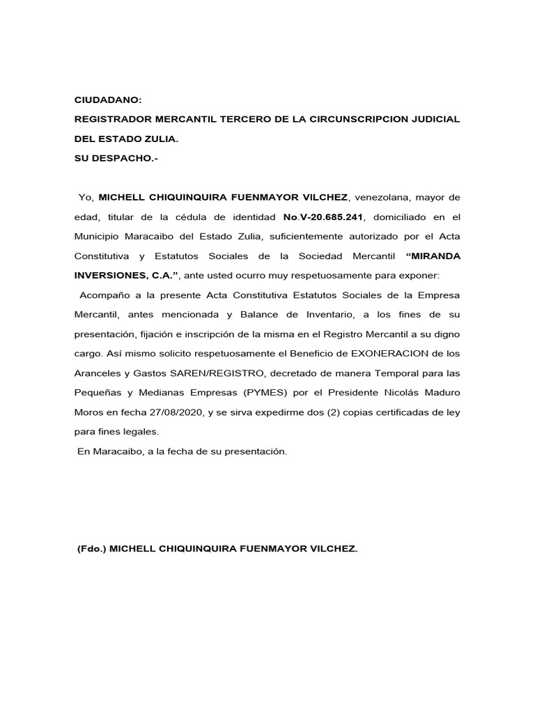 Acta Constitutiva Pyme Miranda Inversiones | PDF | Compartir (Finanzas) | Documento de identidad