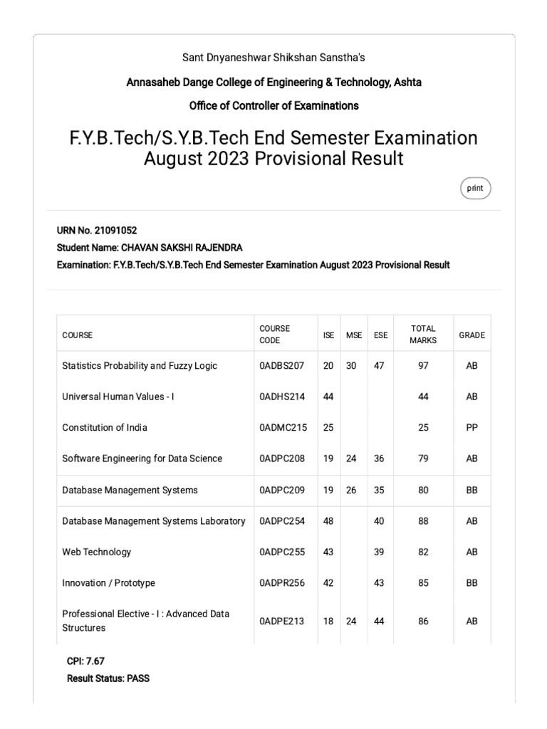 F.Y.B.Tech/S.Y.B.Tech End Semester Examination August 2023 Provisional Result | PDF | Science ...