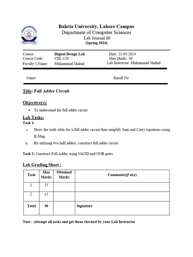 Lab-6-Full-Adder-21032024-073717am | PDF | Computer Engineering | Digital Electronics