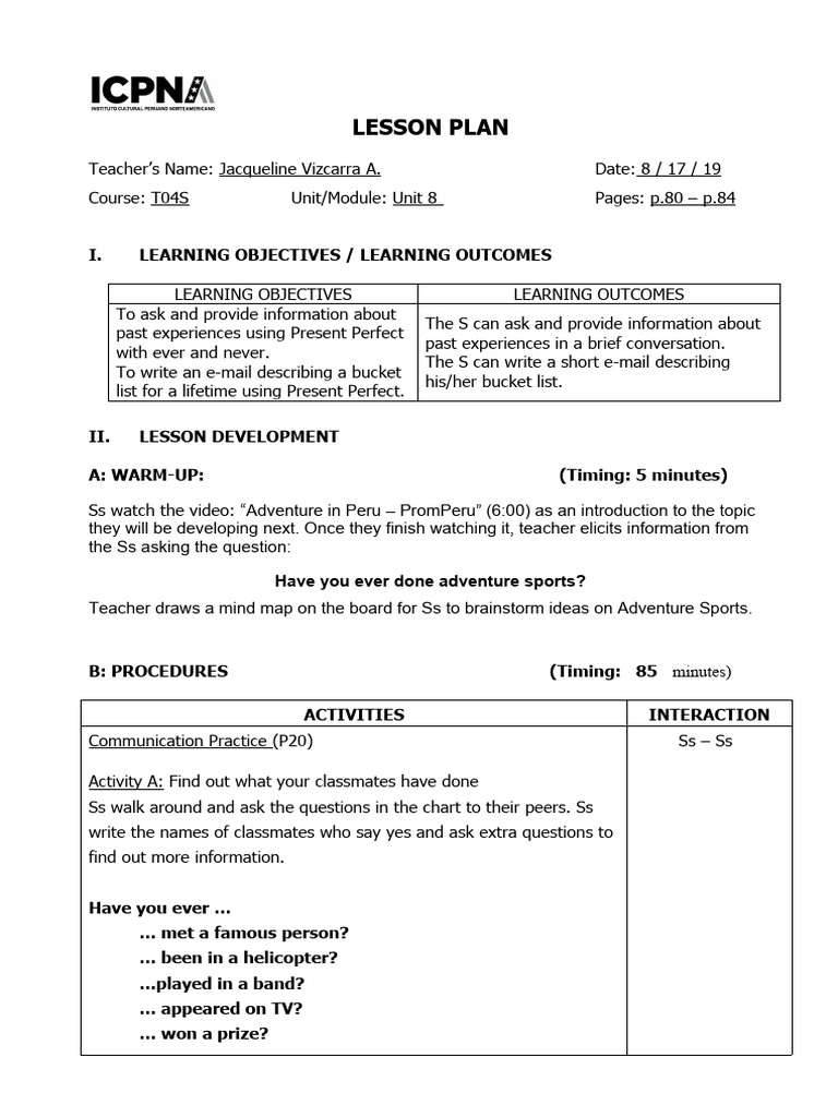 T04S - Lesson Plan Unit 8 (Day 6) | PDF | Lesson Plan | Question