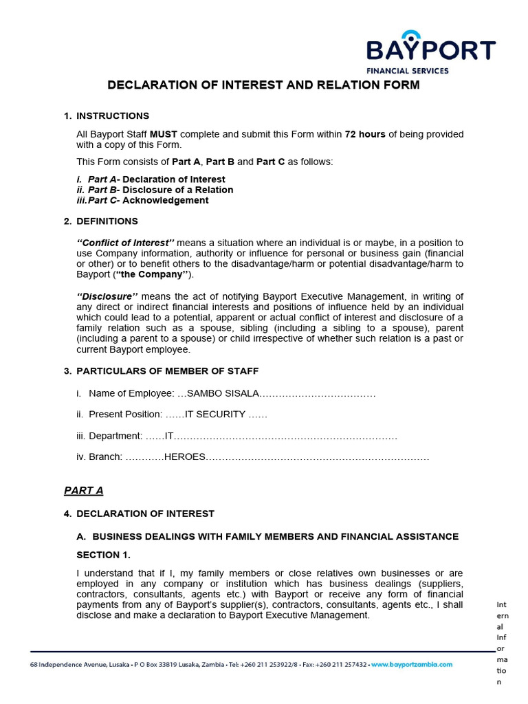 - Declaration of Interest and Relation Form | PDF