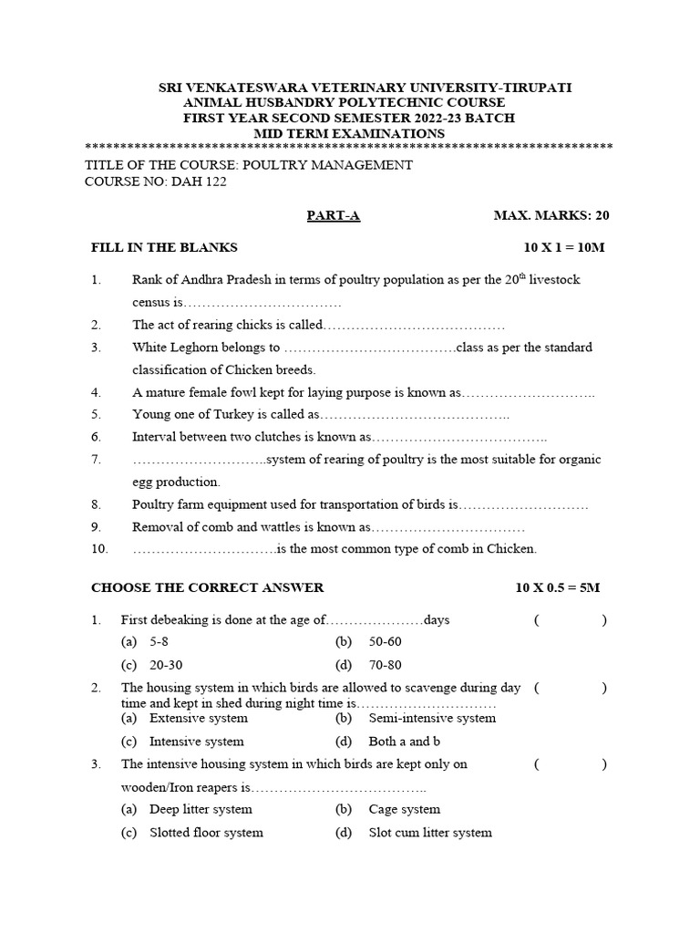 Poultry Management Midterm Exam 2022-23 | PDF | Chicken | Zoology