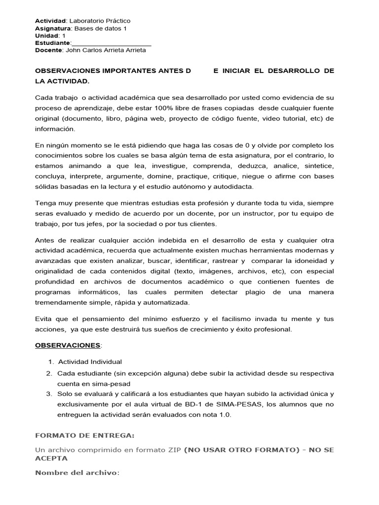 ACTIVIDAD unidad 1- BD1 | PDF | Base de datos relacional | SQL