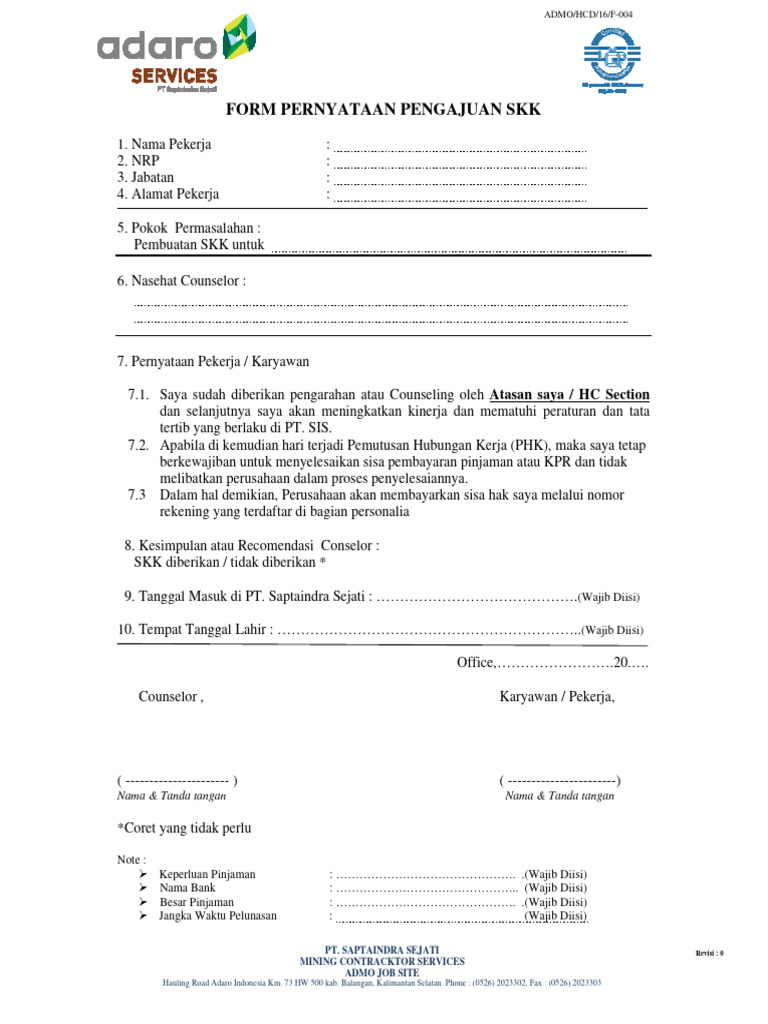 Microsoft Word - Form Pernyataan Pengajuan SKK (Surat Keterangan Kerja ...