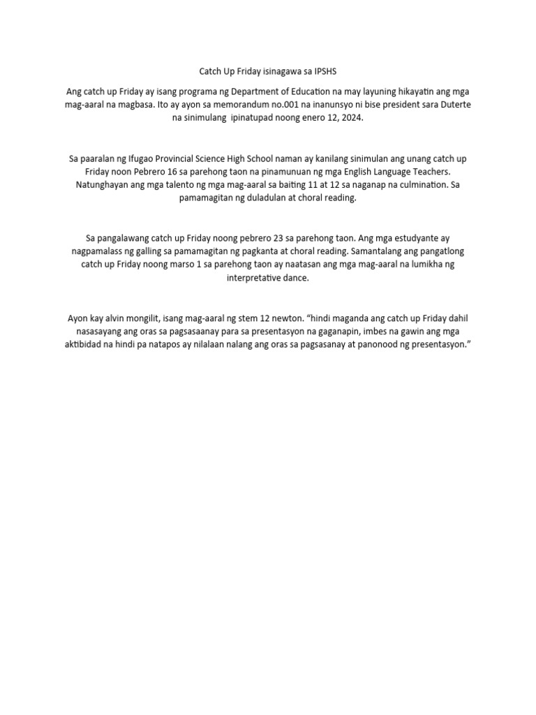 Catch Up Friday Isinagawa Sa IPSHS | PDF