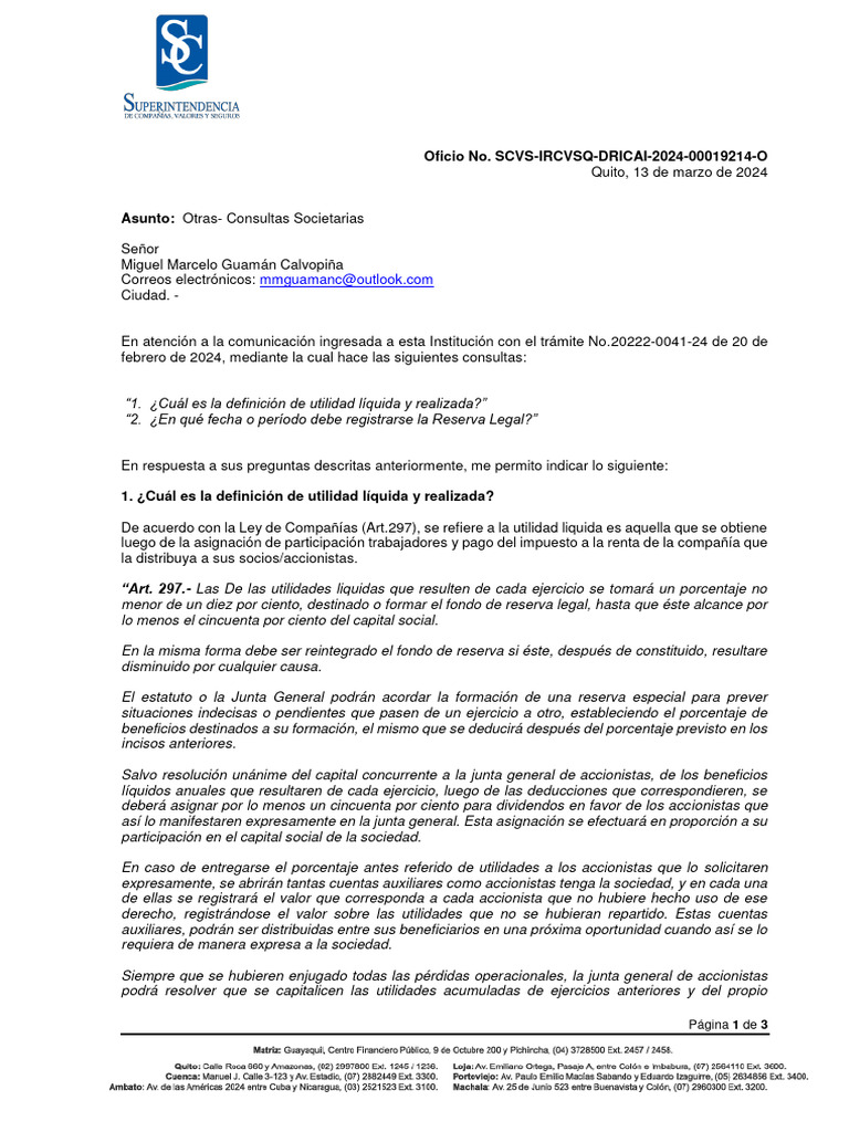 384 Oficio No. SCVS CONSULTA RESERVA LEGAL | PDF | Compartir (Finanzas) | Dividendo
