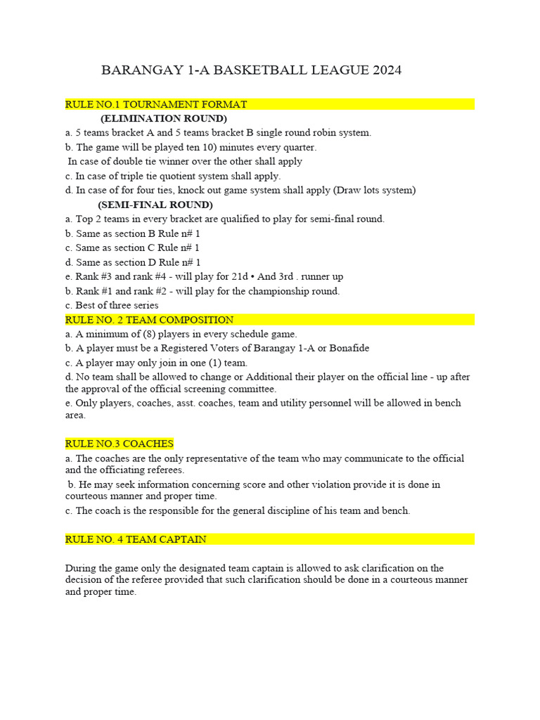 Barangay 1-A Basketball League Rules | PDF