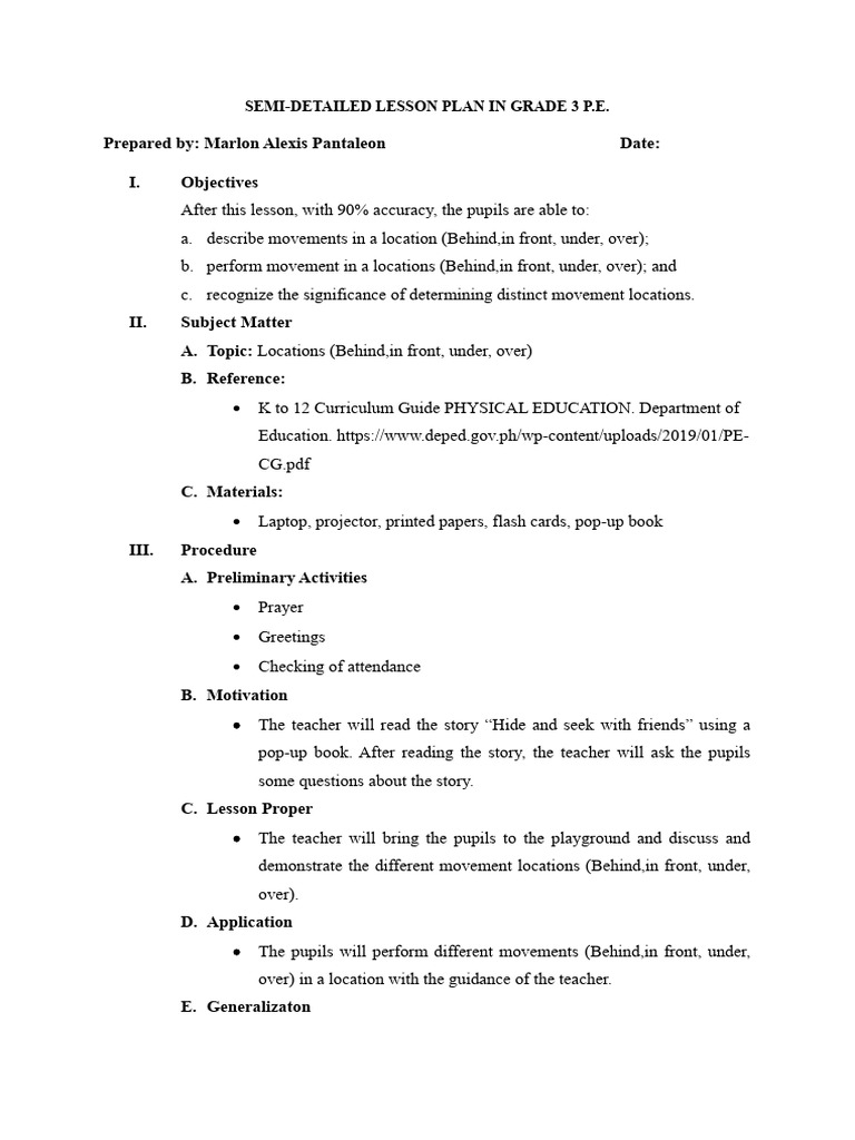 Semi-Detailed Lesson Plan PE and Health 3 | PDF