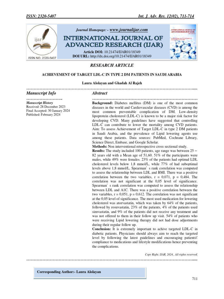 Achievement of Target LDL-C in Type 2 DM Patients in Saudi Arabia | PDF ...