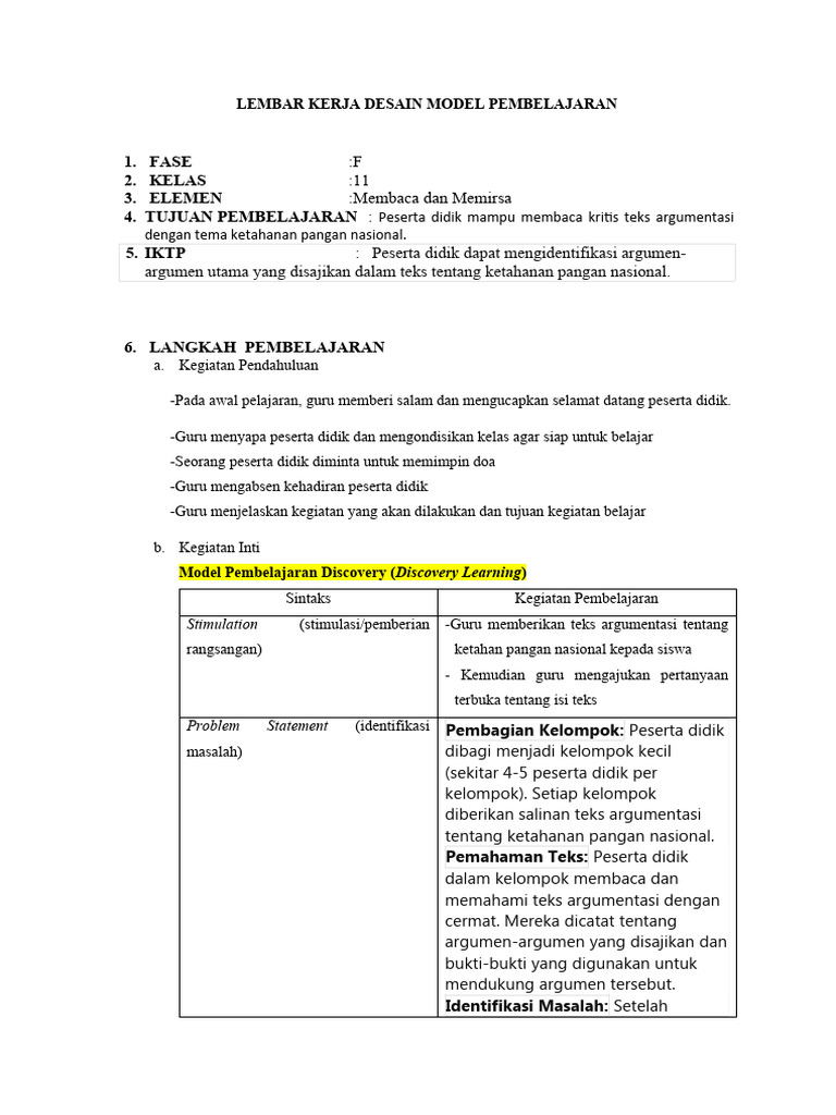 LEMBAR KERJA MODEL (Desain Pembelajaran Berdiferensiasi) | PDF