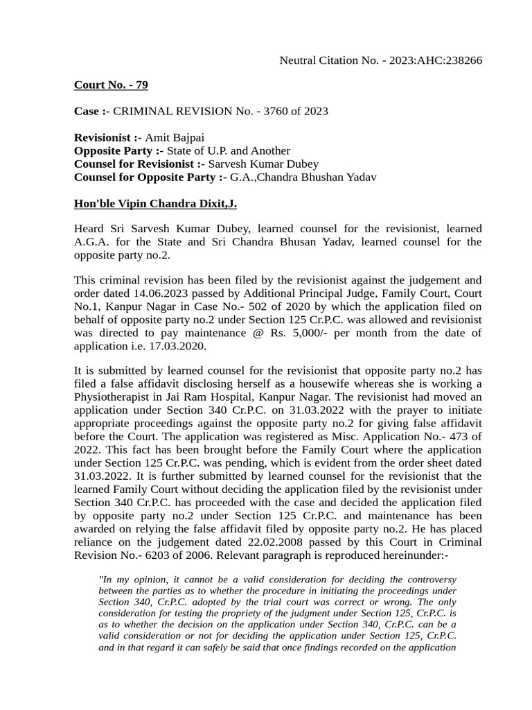 Allahabad HC Sec340 Amit Bajpai Vs State of UP 2023 Judgement 125 CRPC ...