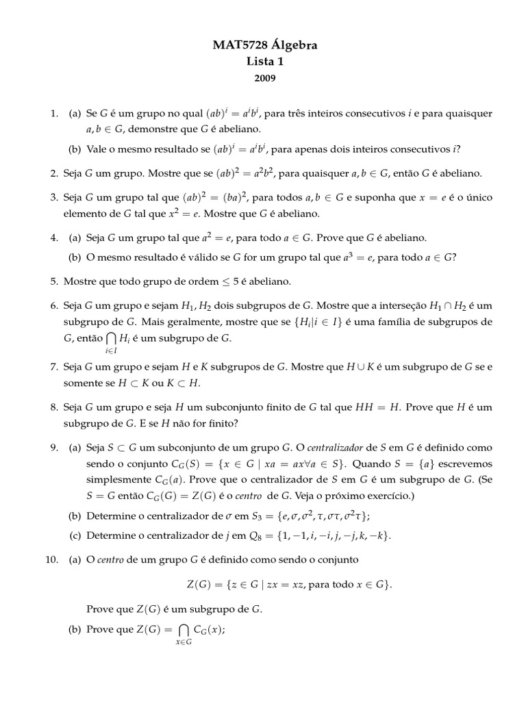 MAT5728 Algebra Lista 1 | PDF | Grupo (Matemática) | Matemática