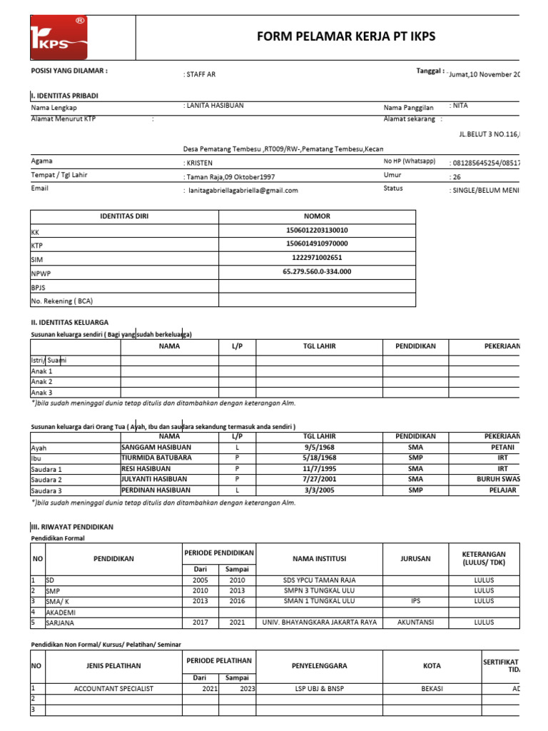 Form Pelamar Kerja Pt Ikps | PDF