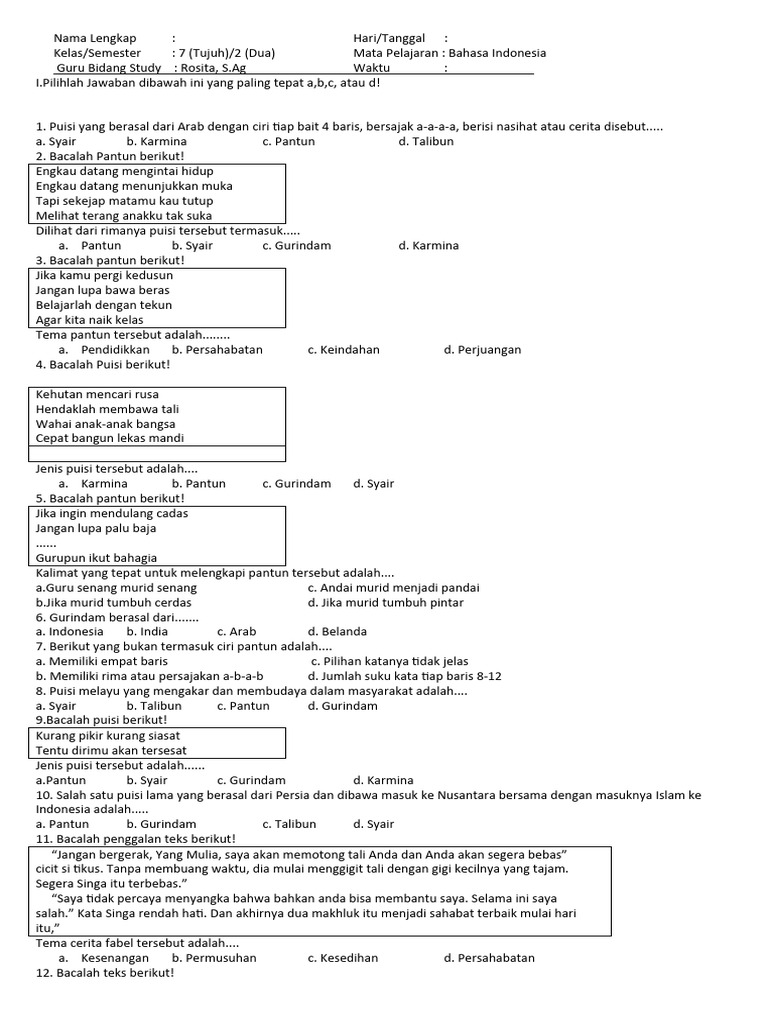 Soal PTS2 Kls 7 B.Indonesia 2024 | PDF