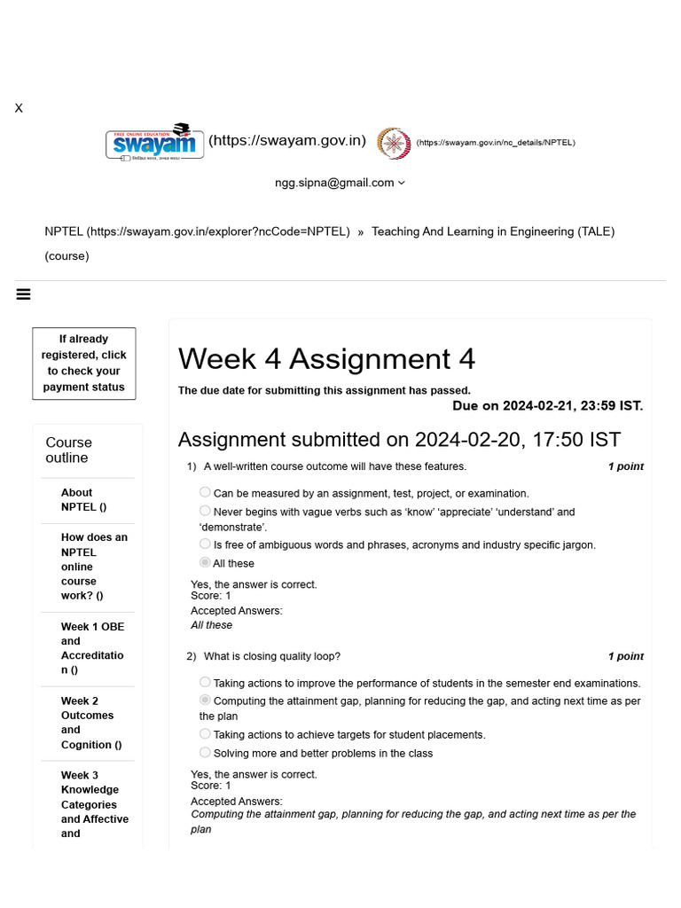 Teaching and Learning in Engineering (TALE) - Unit 6 - Week 4 Course Outcomes | PDF | Cognitive ...