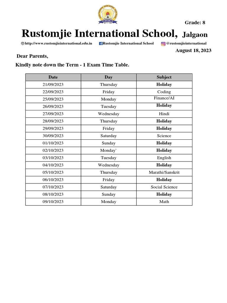 Grade 8 Term 1 Exam Schedule 2023 | PDF