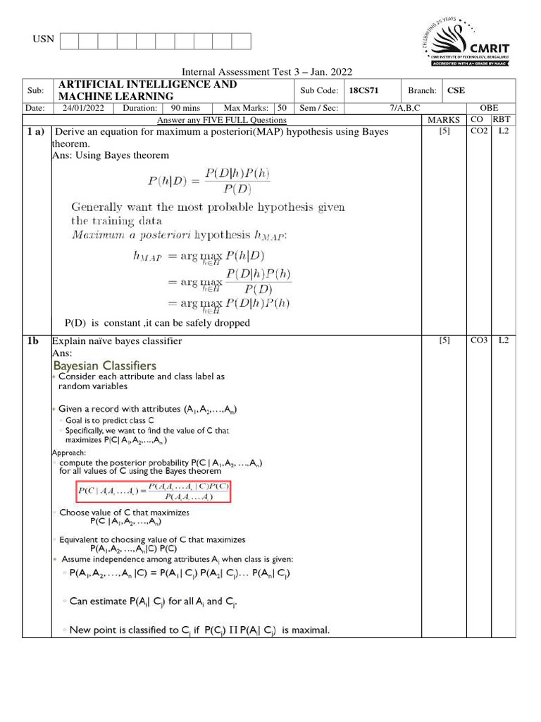 IAT-III Question Paper With Solution of 18CS71 Artificial Intelligence and Machine Learning (AI ...