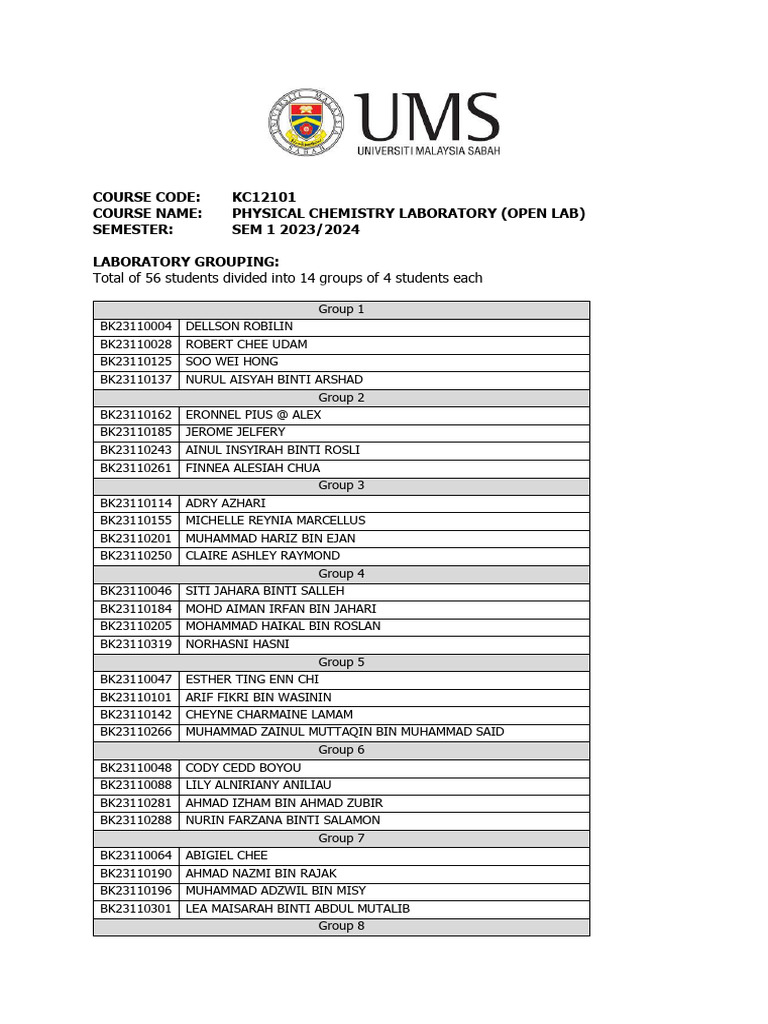 KC12101 Physical Chemistry Lab Schedule 2023 2024 | PDF