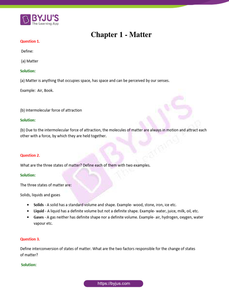 ICSE Class 8 Chemistry Selina Solution Chapter 1 Matter | PDF | Matter | Gases