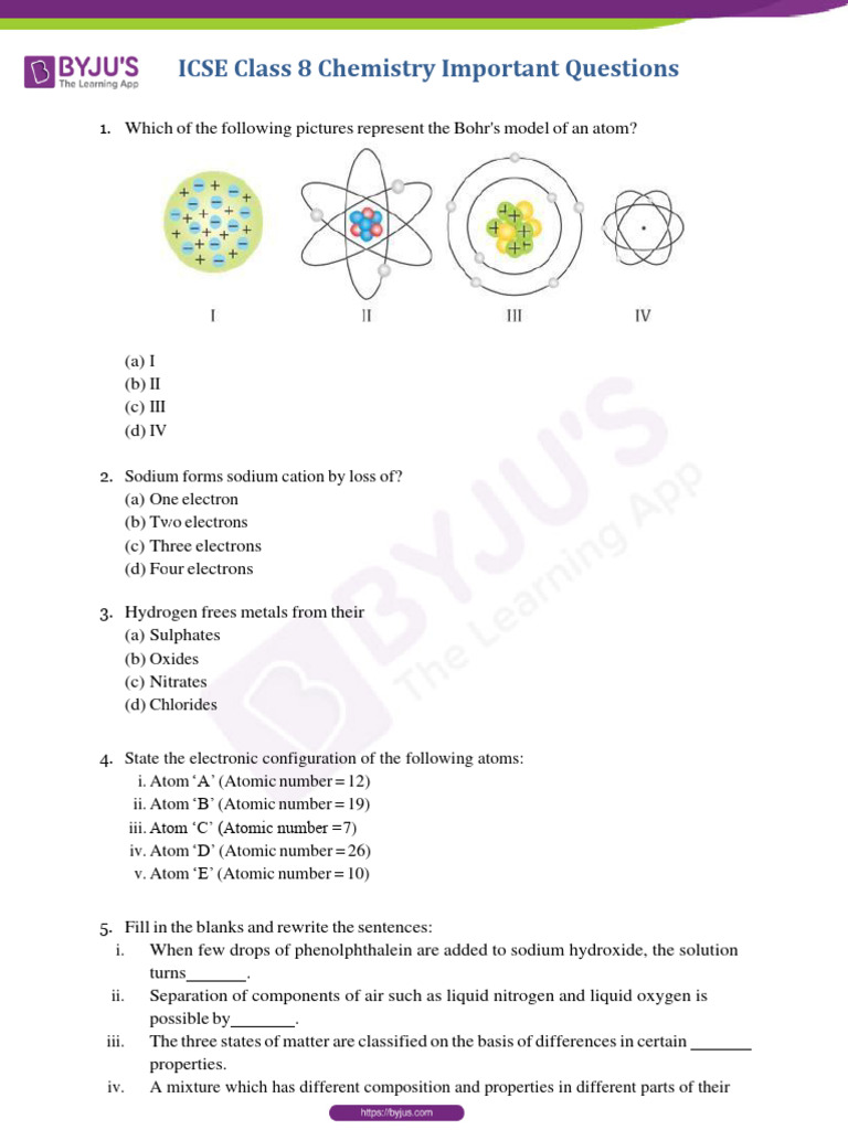 ICSE Class 8 Chemistry Important Questions | Download Free PDF | Chemical Reactions | Atoms