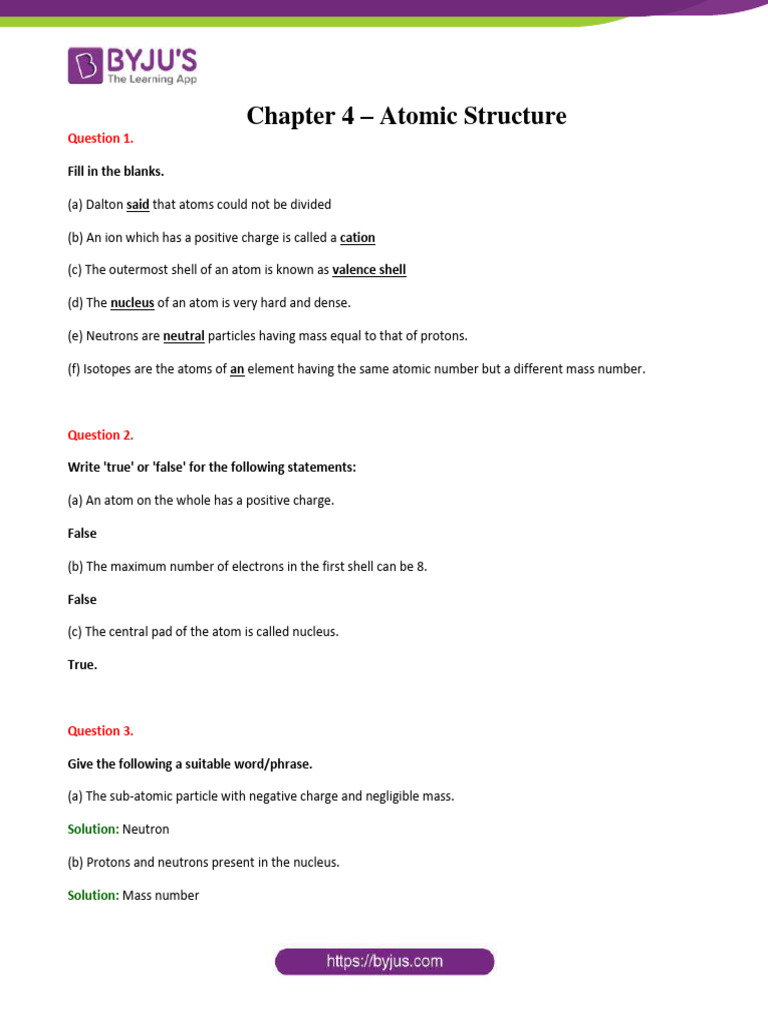 ICSE-Class-8-Chemistry-Selina-Solution-Chapter-4-Atomic-Structure | PDF | Atoms | Atomic Nucleus