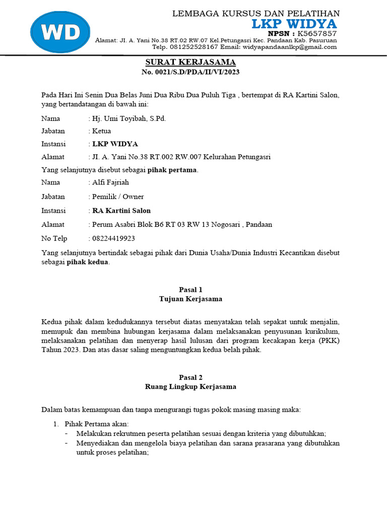 Surat Kerjasama Widya | PDF